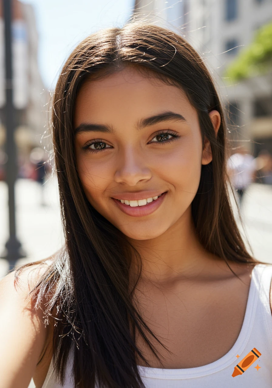Close-up photorealistic selfie of a beautiful young Hispanic woman with dark wavy hair, smiling ...