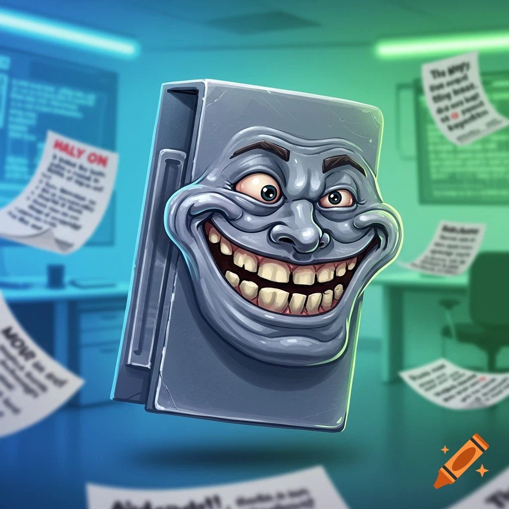 A stylized Microsoft Clippy character with a troll face, floating in an ...