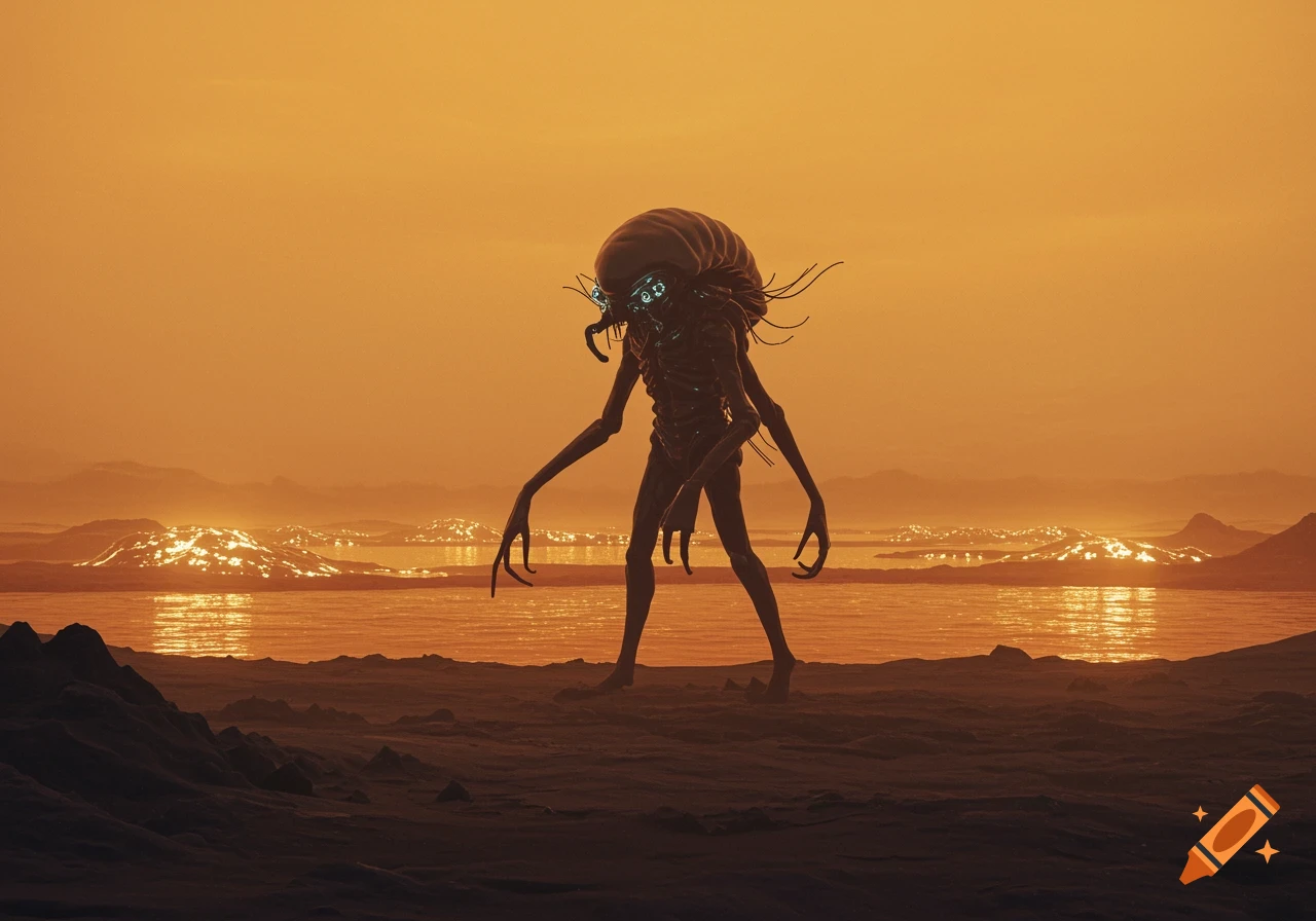 A tall, dark alien creature with multiple limbs and glowing blue eyes ...