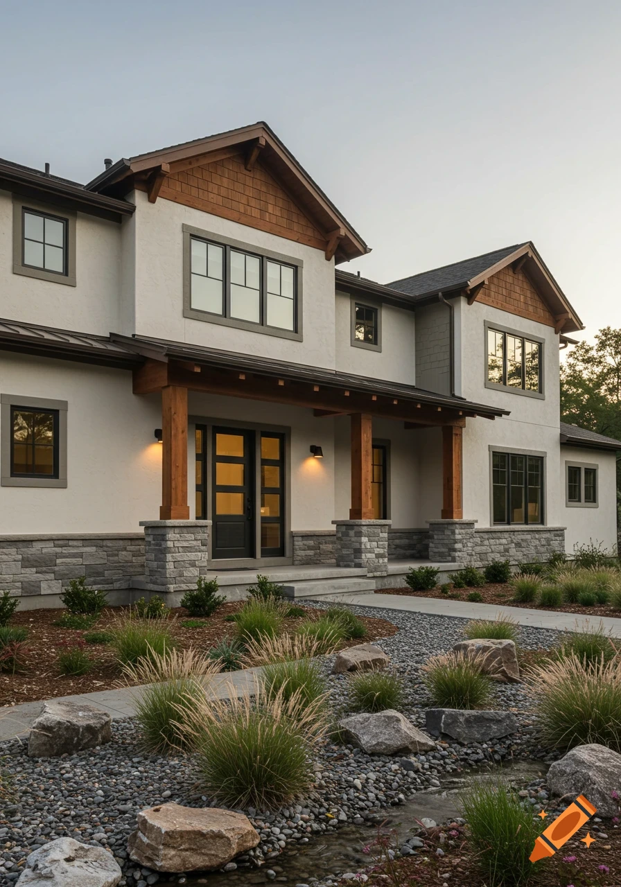 A photorealistic two-story modern-Craftsman home with off-white stucco ...