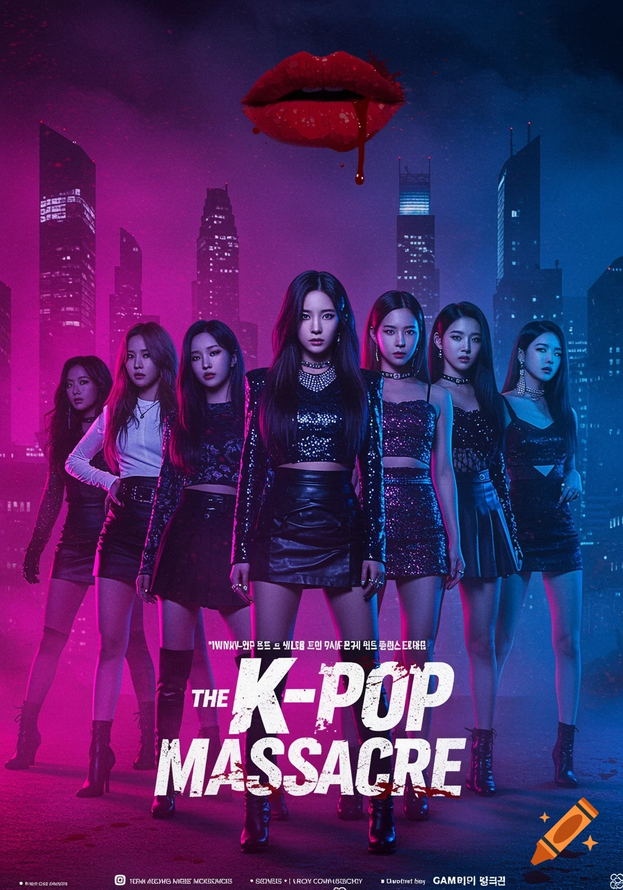 A stylized movie poster for 'The K-Pop Massacre' featuring six female K ...