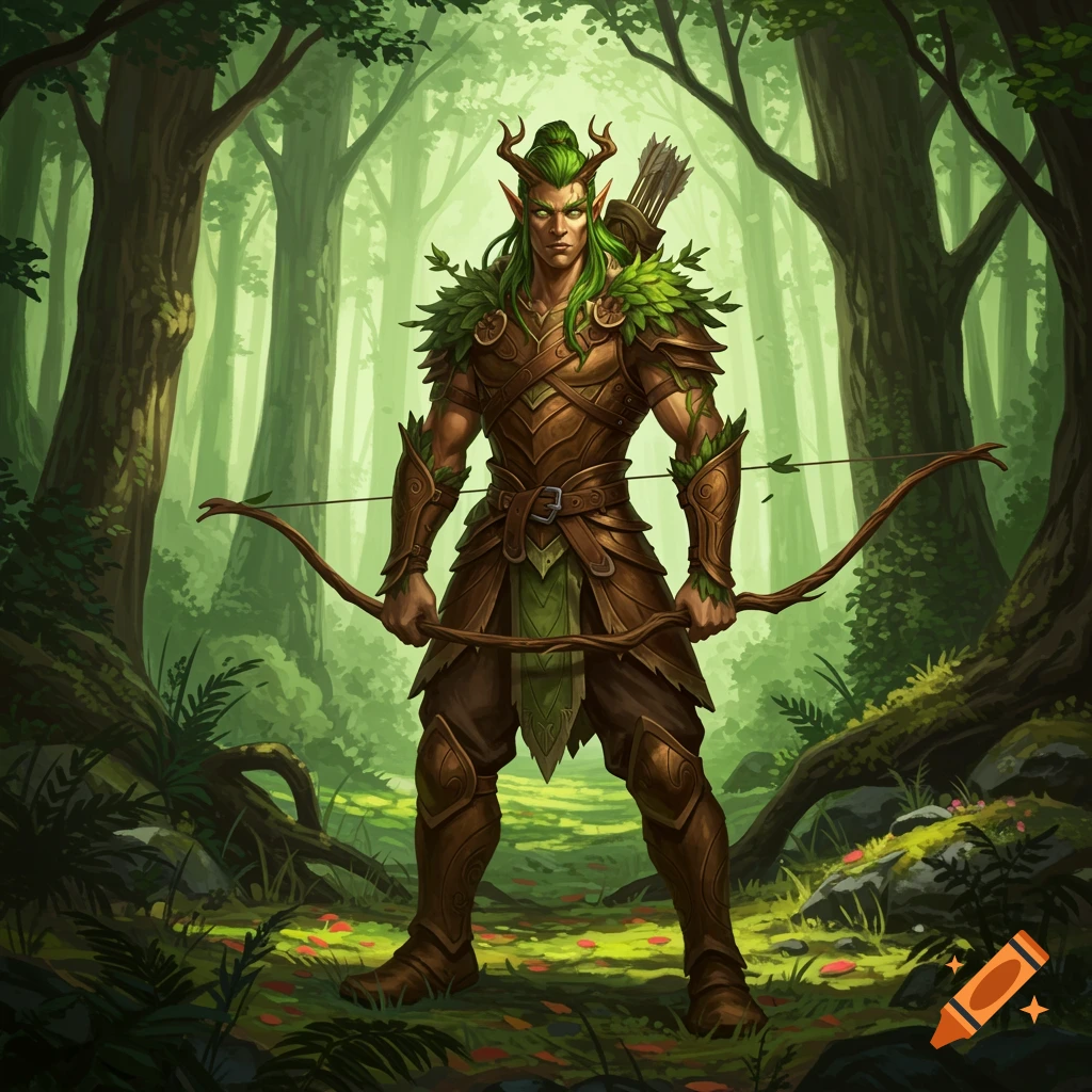 A fierce female forest elf with glowing green eyes and antlers, clad in ...