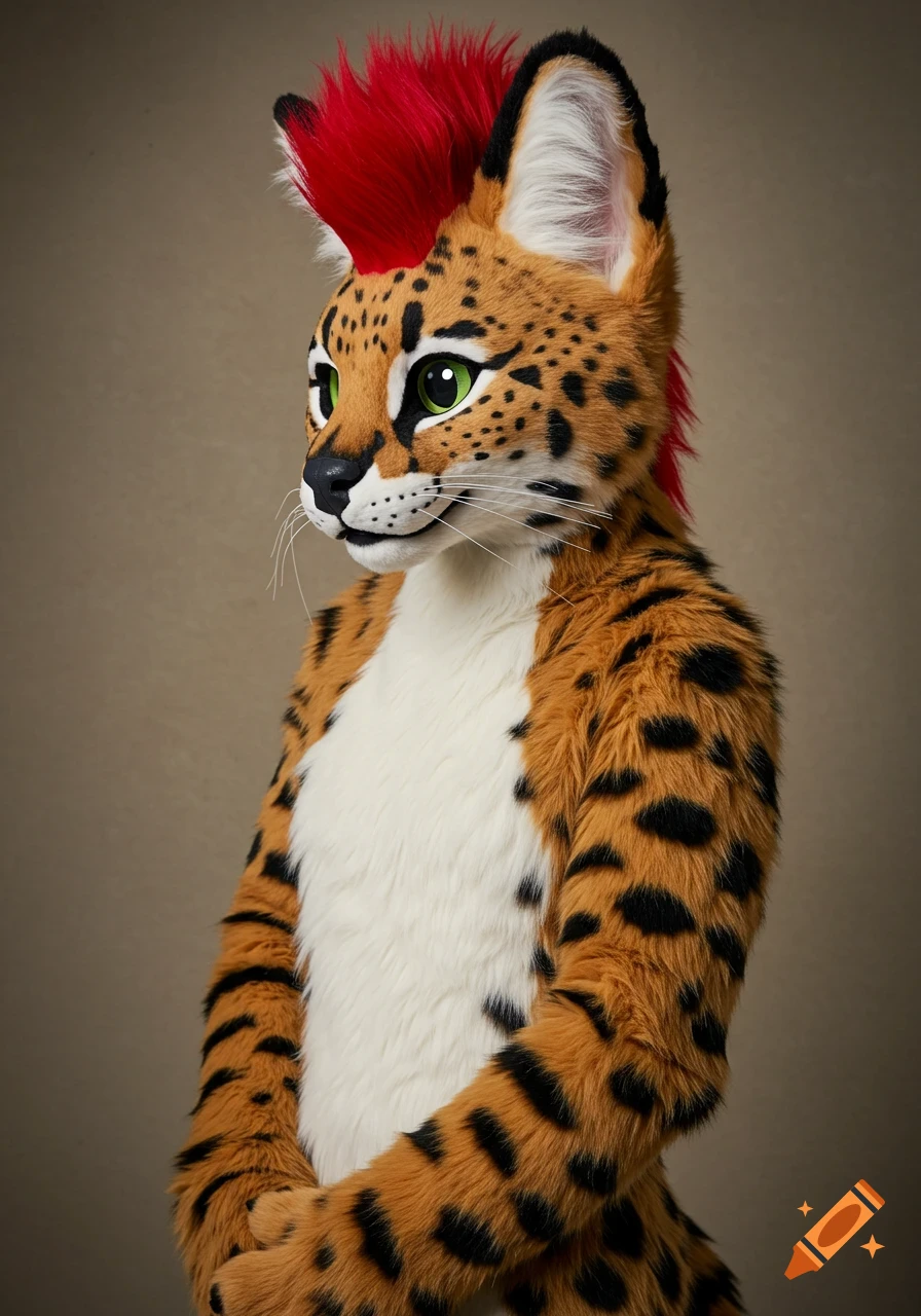 Photorealistic close-up of a serval fursuit with orange spotted fur ...