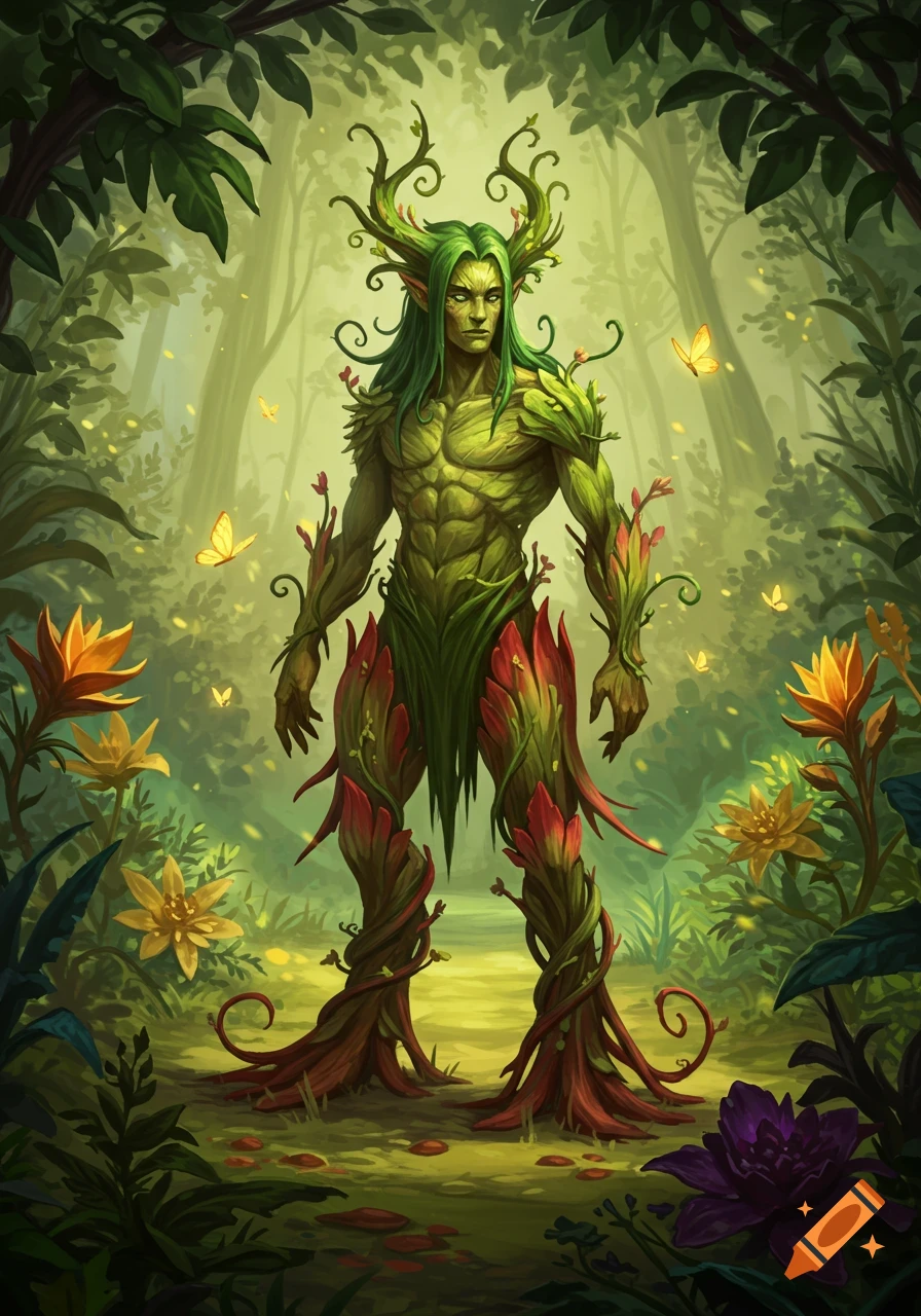 A fantasy illustration of a green plant human hybrid with long green ...