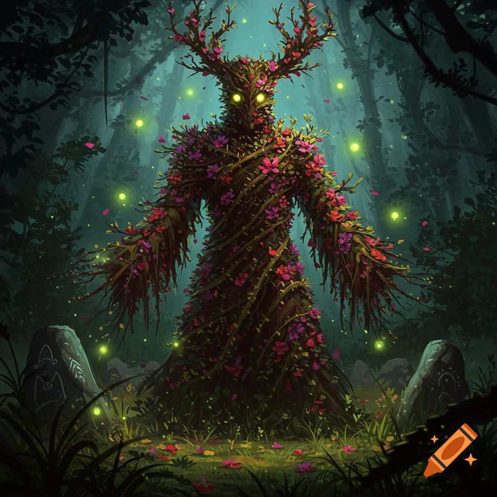 A majestic forest spirit with glowing eyes, made of gnarled wood ...