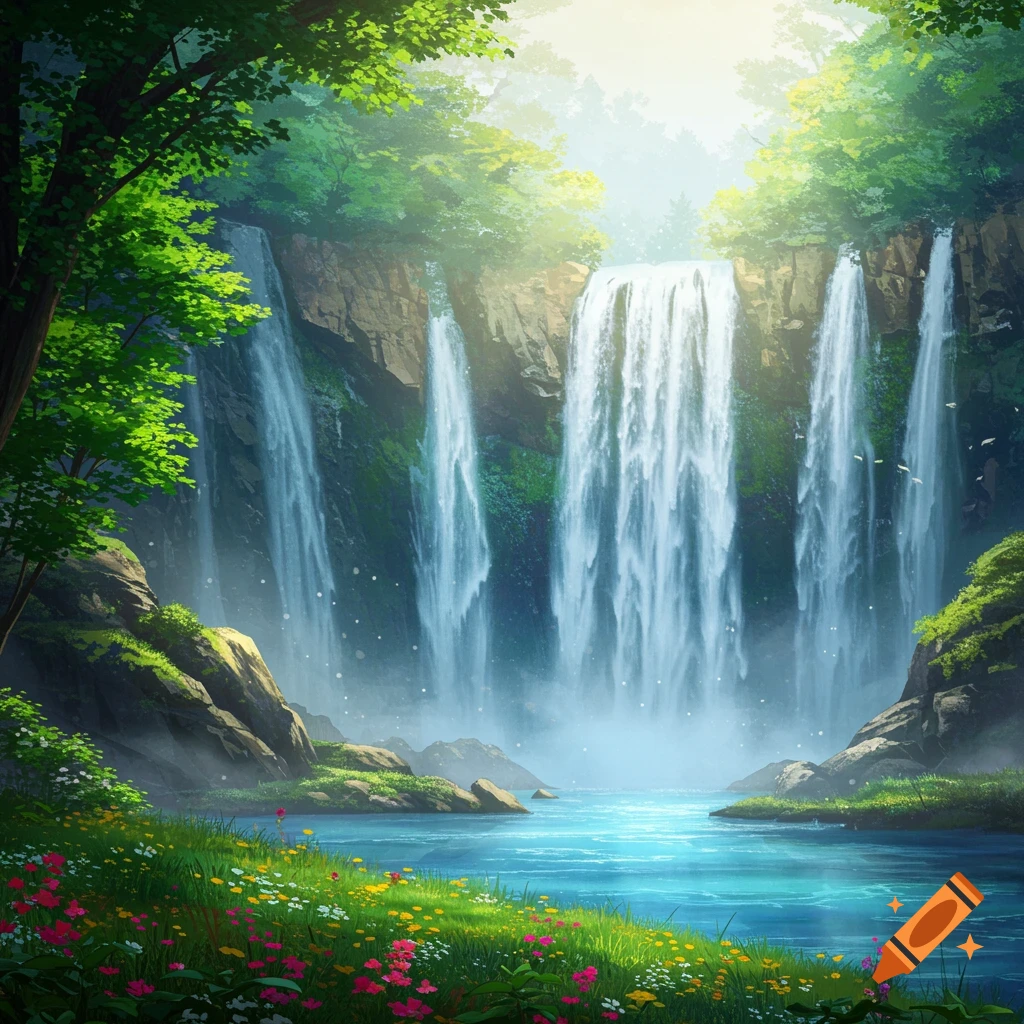Lush, vibrant forest landscape with multiple cascading waterfalls ...