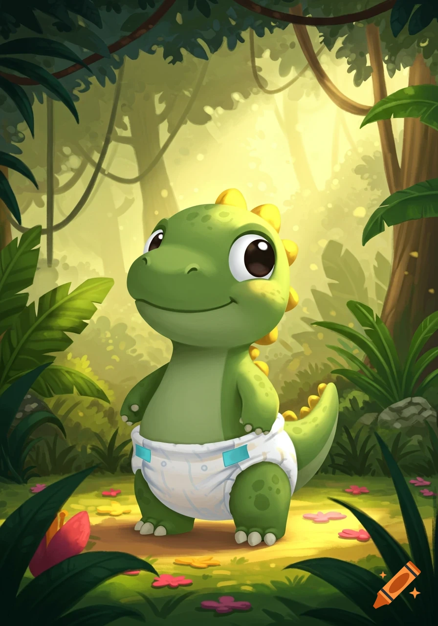 A cute green baby dinosaur in a white diaper stands in a sunlit jungle ...
