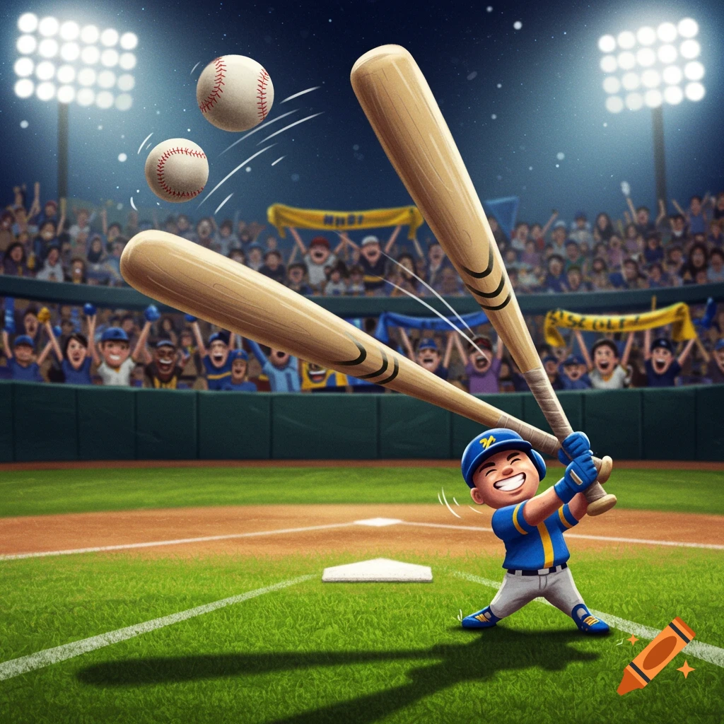 Cartoon boy in a baseball uniform swinging oversized bats in a stadium ...