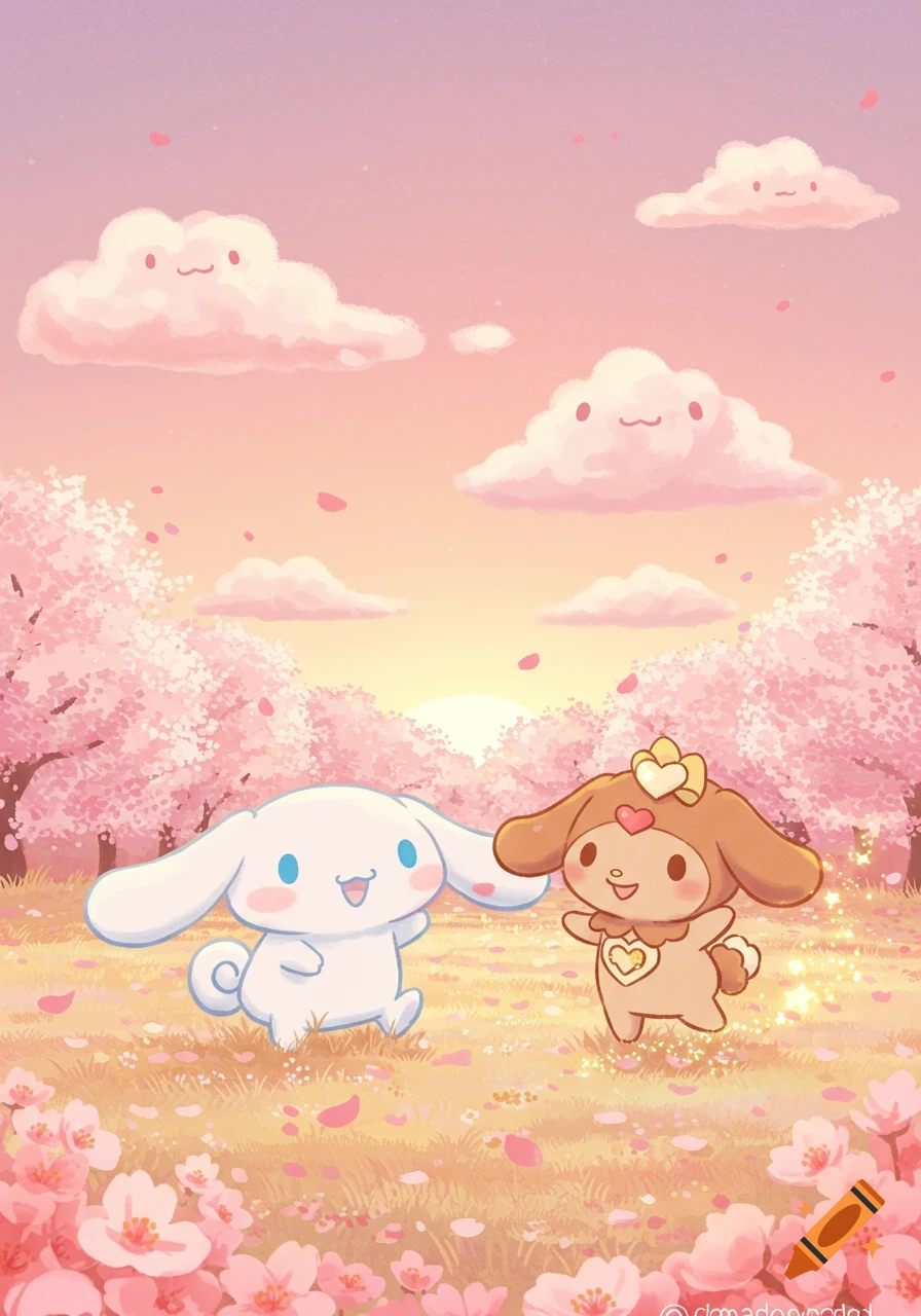 Cinnamoroll and Mocha stand in a pink cherry blossom field at sunset ...