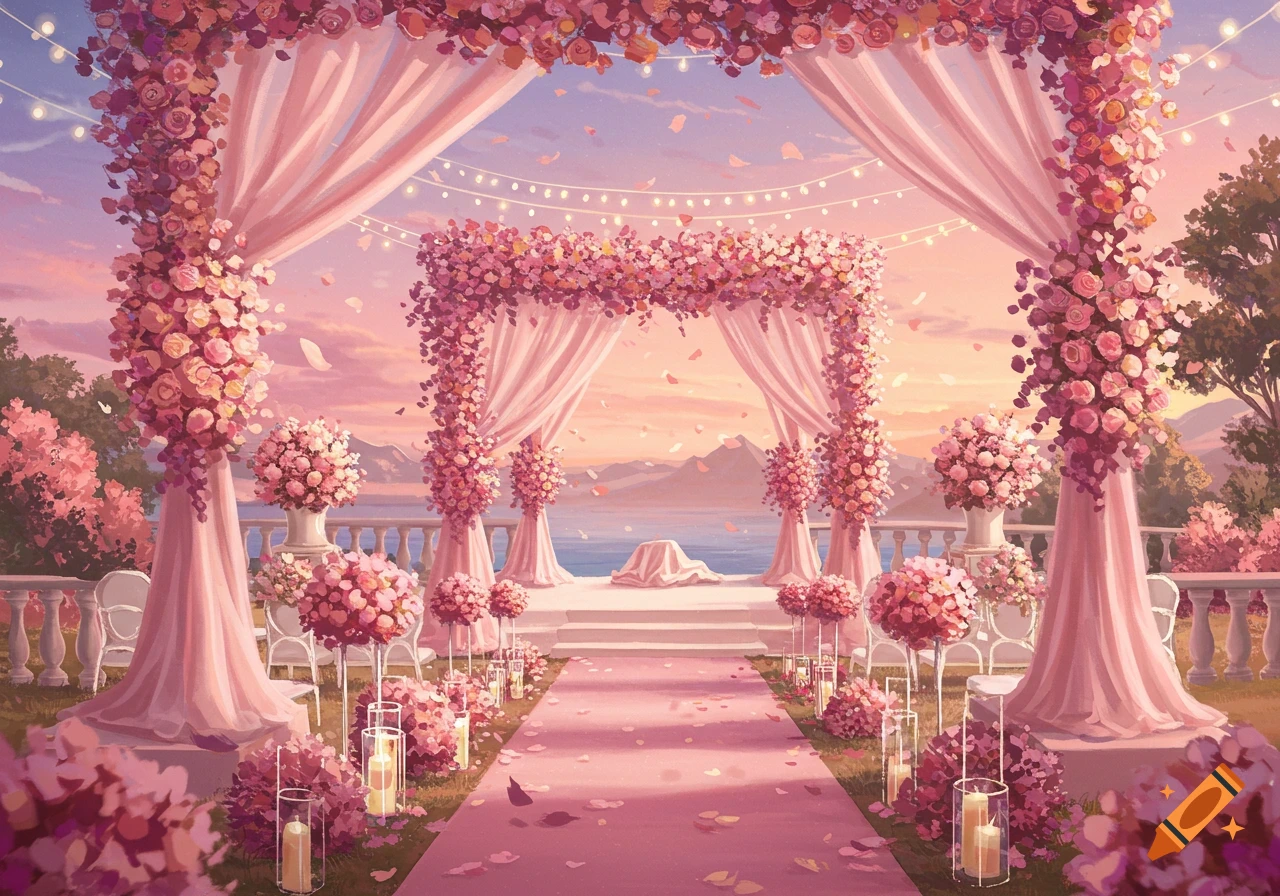 A beautiful outdoor wedding setup with pink drapes, an arch covered in ...