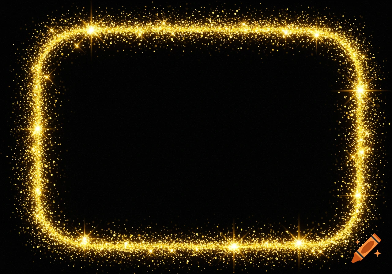 A shimmering gold glitter border in a rounded rectangular shape against ...