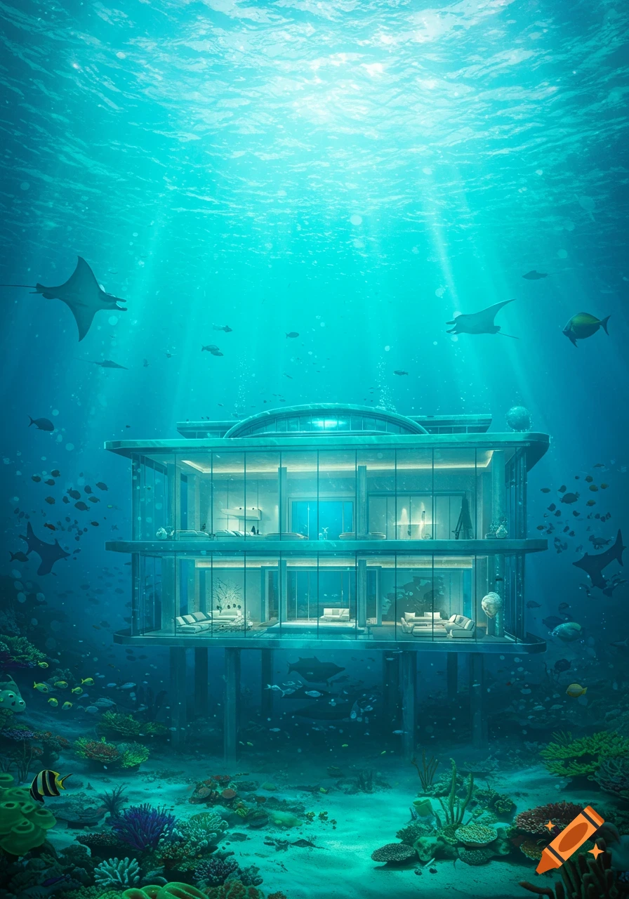 A modern glass mansion submerged underwater, surrounded by coral reefs ...