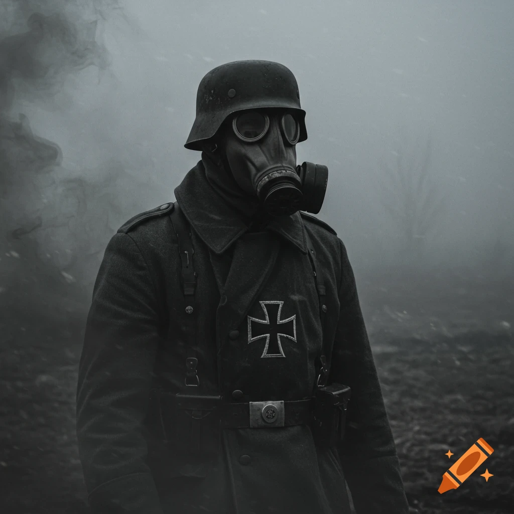 Black and white portrait of a soldier in a German Stahlhelm and gas ...