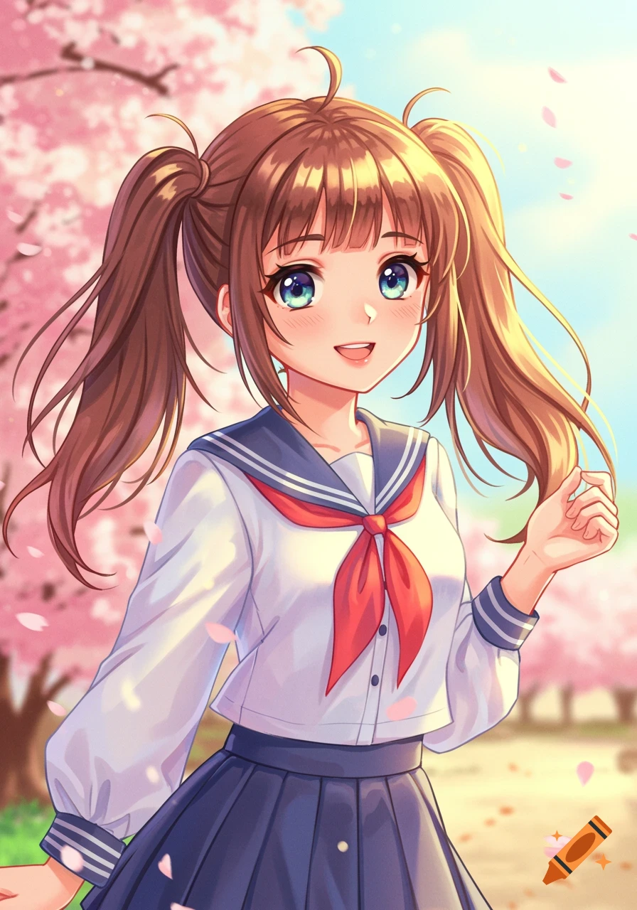 Smiling anime girl with pink pigtails in a school uniform, holding a ...