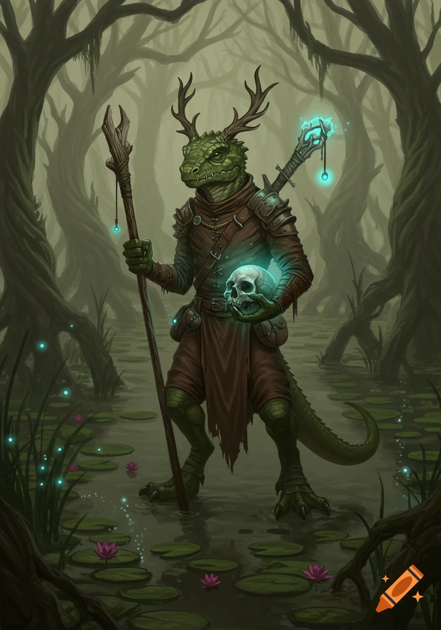 A green lizardfolk shaman stands in a misty swamp holding a glowing ...