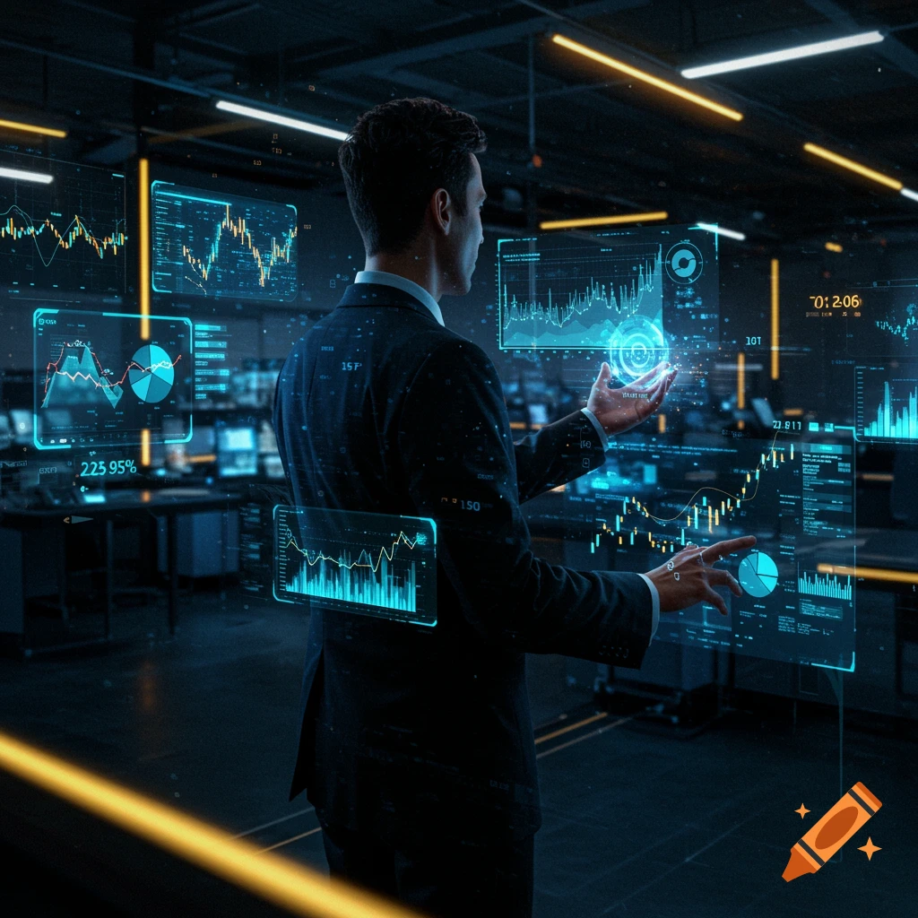 A man works on a futuristic computer with multiple glowing holographic screens displaying data ...