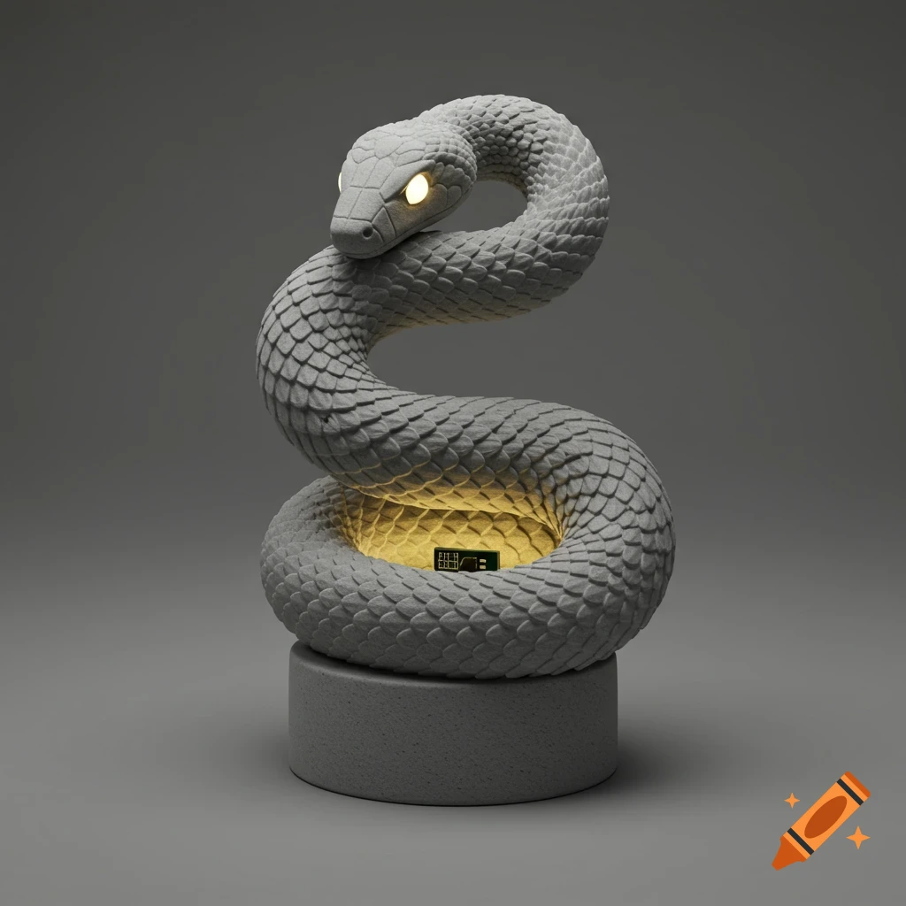 A gray coiled snake night light sculpture with glowing eyes and a base ...