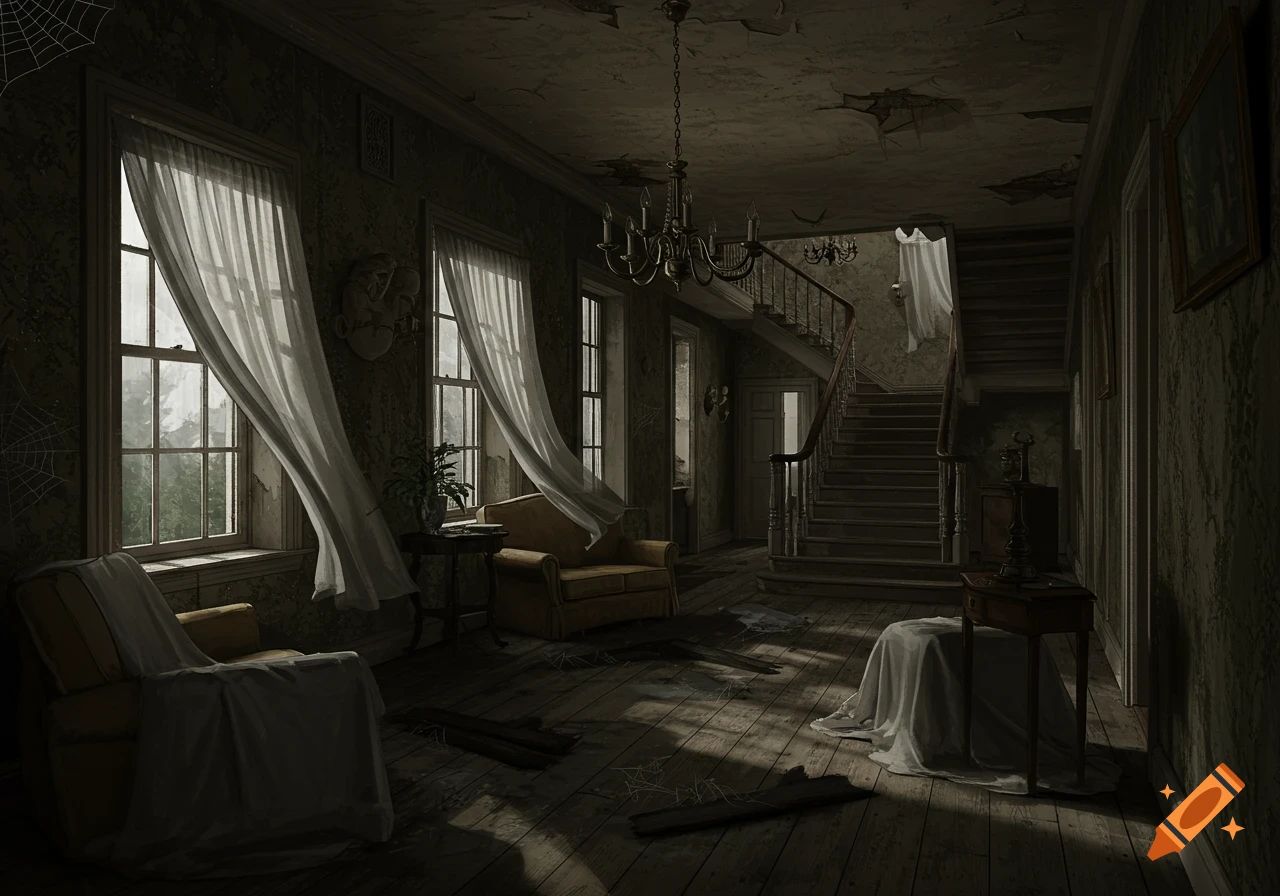 A dark, dilapidated grand room with tall windows, flowing white ...