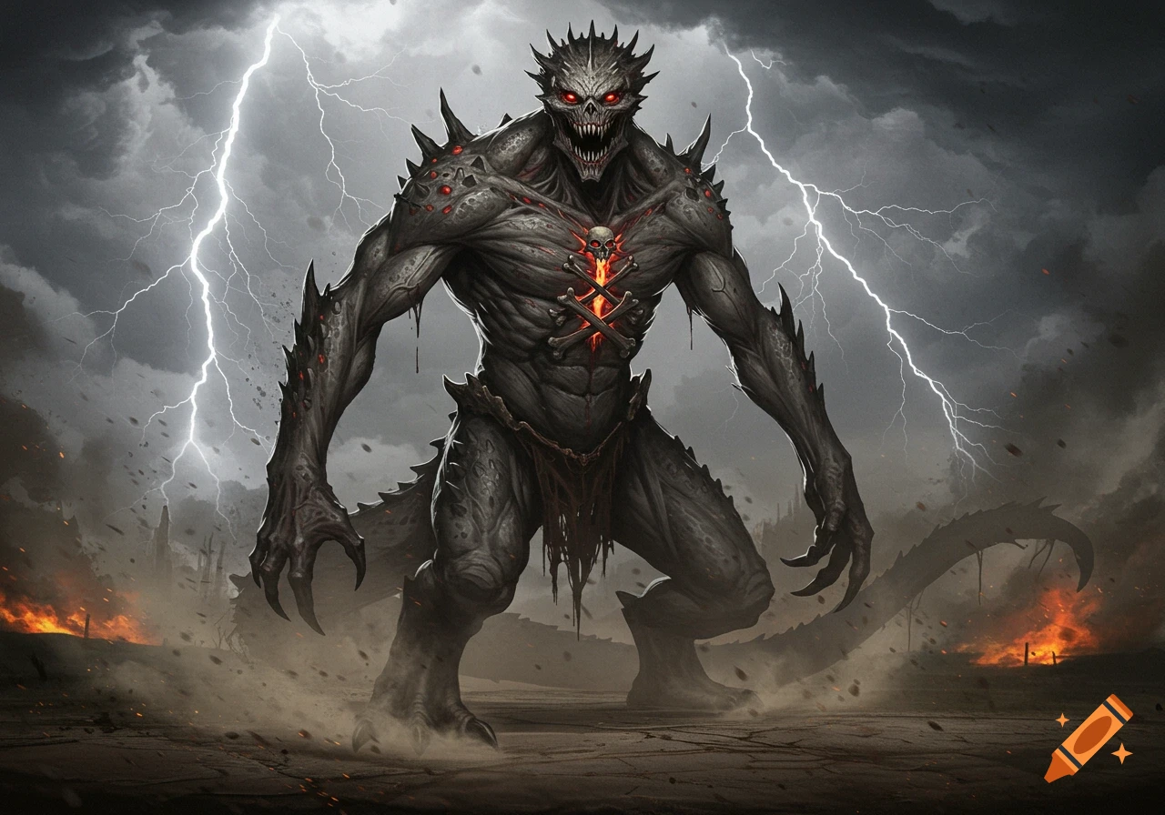 A massive purple winged monster with glowing red eyes confronts a lone ...