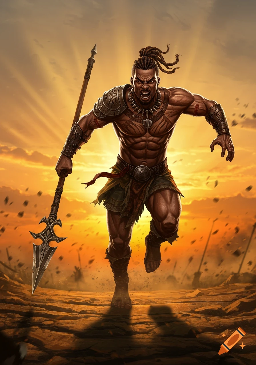 A powerful, angry muscled warrior with dreadlocks runs forward holding ...