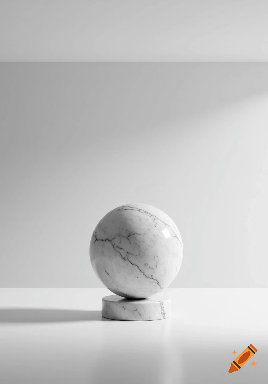 A white marble sphere sits on a cylindrical marble base in a bright ...