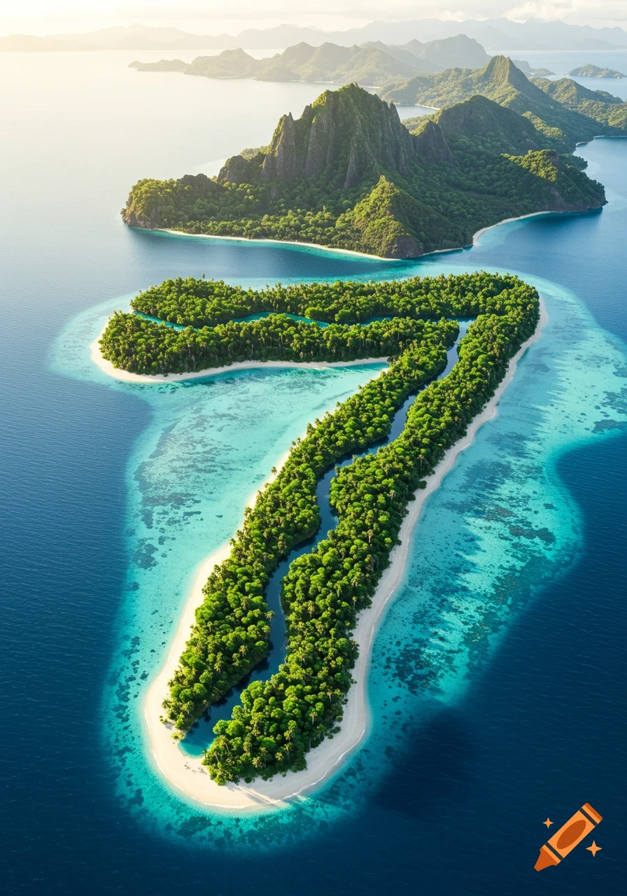 An aerial view of a diverse island featuring a snow-capped volcano, a ...