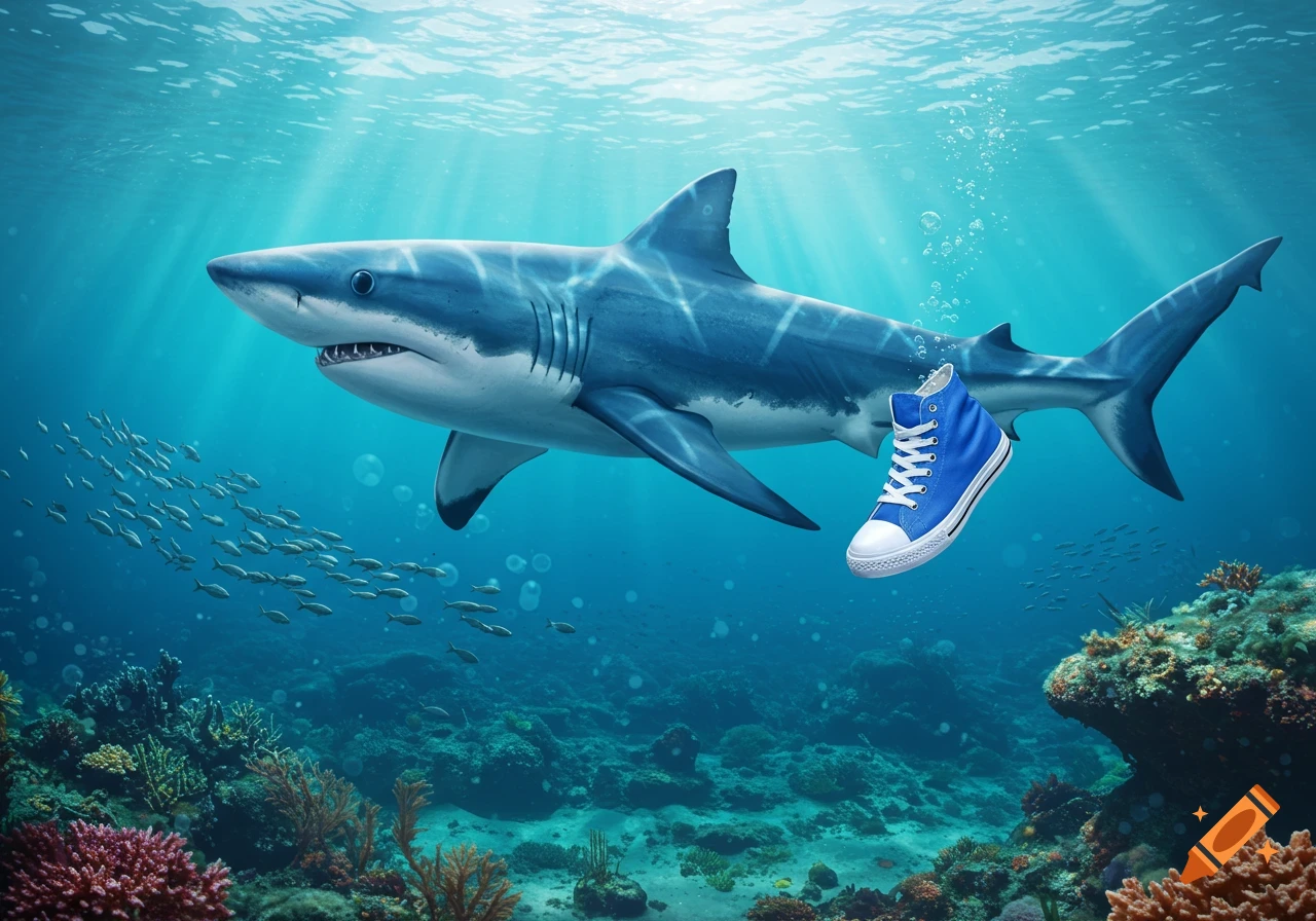 A great white shark swims underwater near a school of fish and coral ...