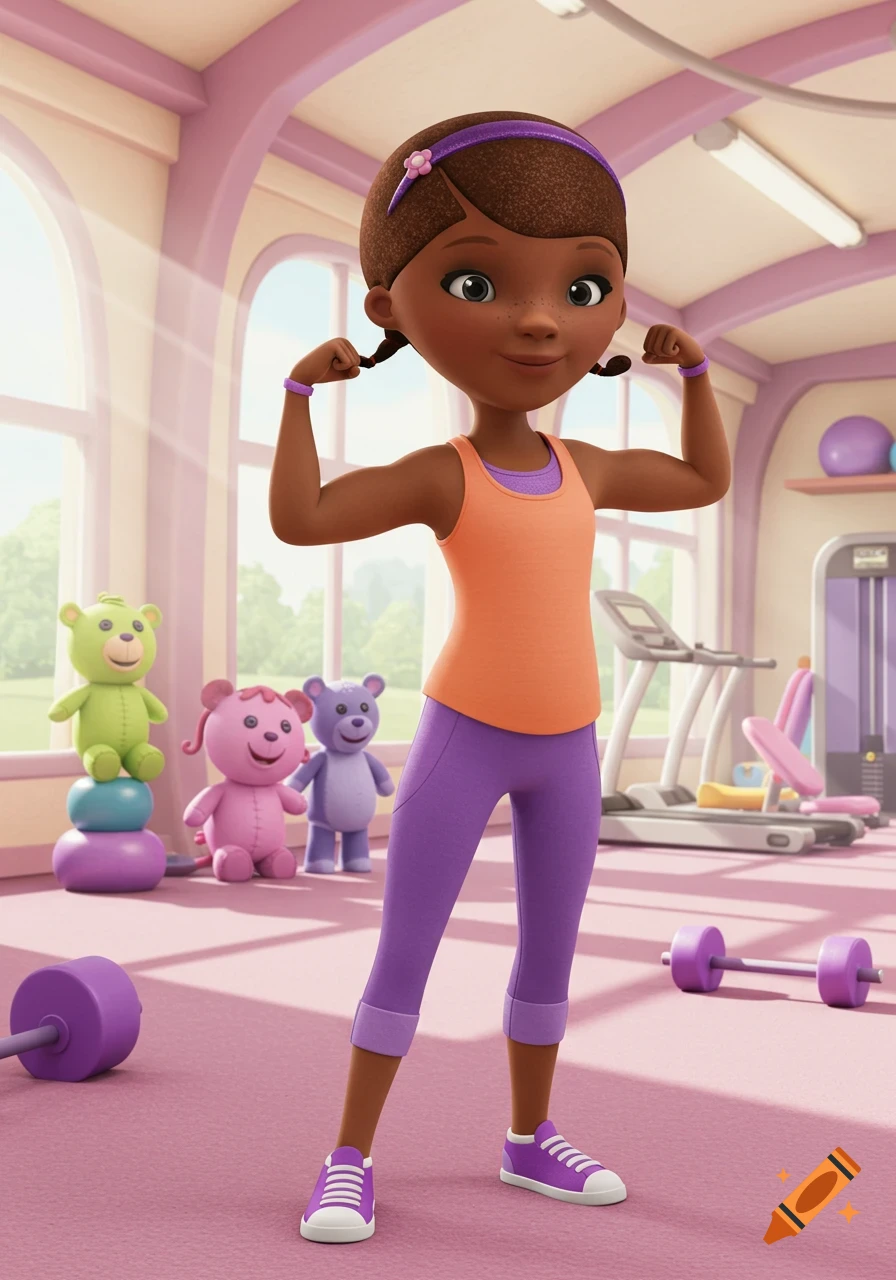 Doc McStuffins' mom, a cartoon character, flexes her arm muscles in a ...