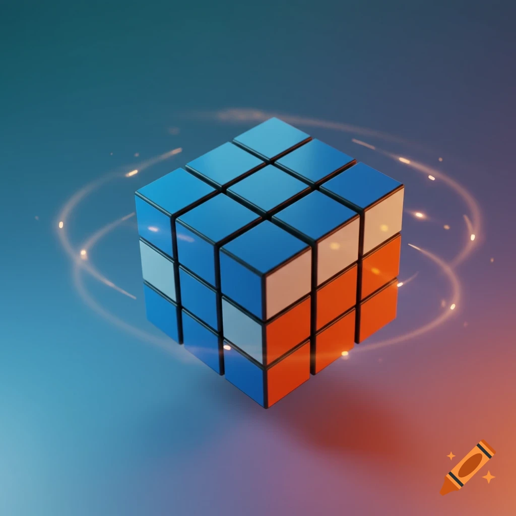 A colorful Rubik's Cube explodes into pieces, surrounded by shimmering golden dust, against a ...