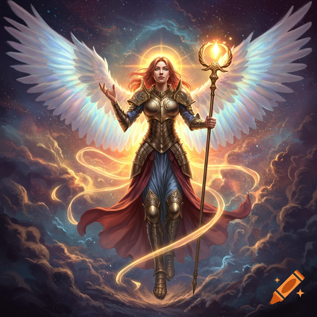 A majestic angel with large wings stands on a cloud-covered pedestal ...