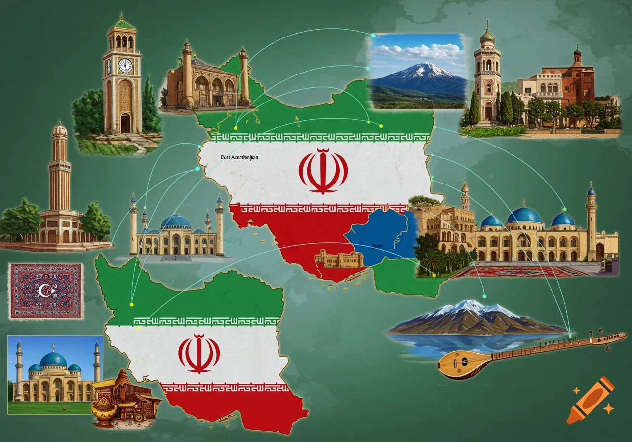 A realistic map of Iran composed of colorful gemstones like turquoise ...