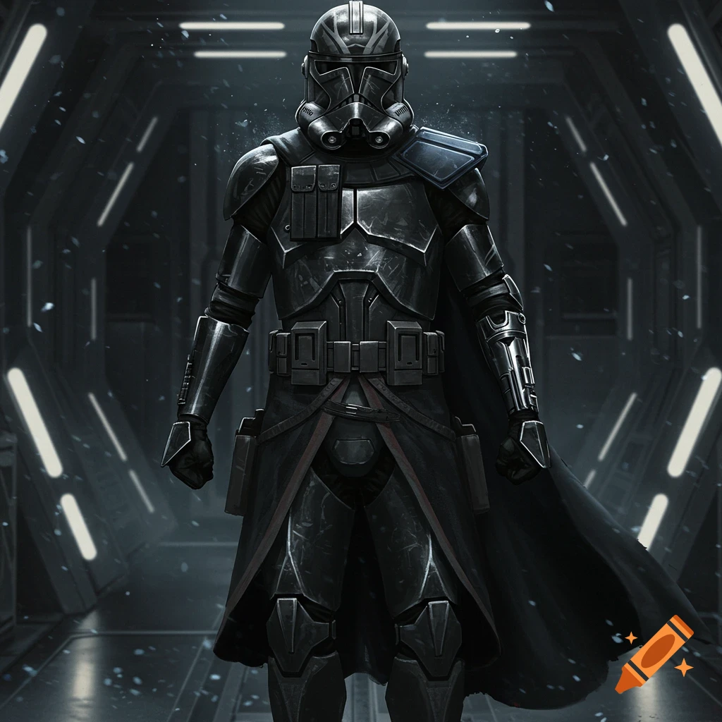 A cloaked Clone Trooper with a green lightsaber stands with other ...