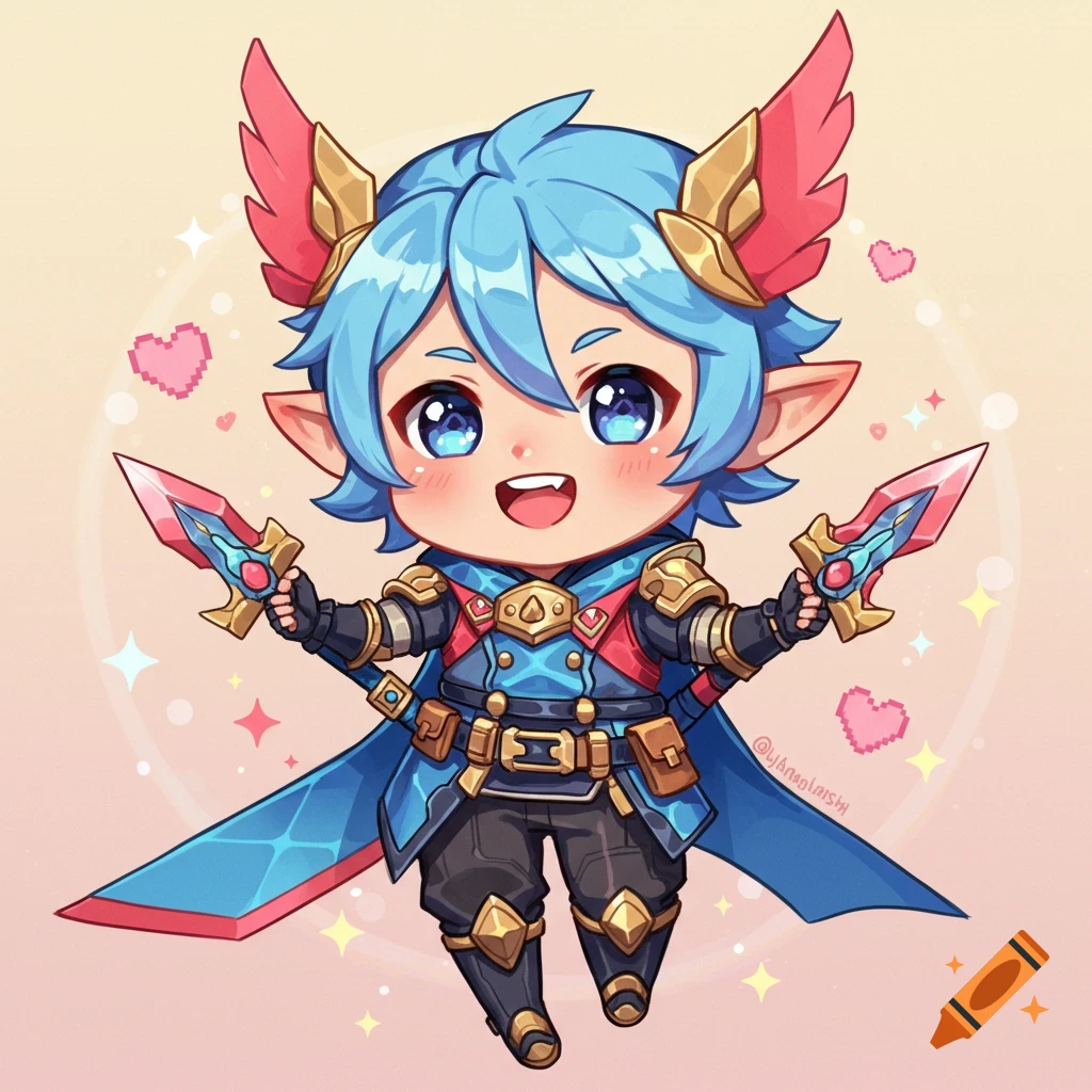 A cute, chibi-style anime fantasy character with red hair, blue eyes ...