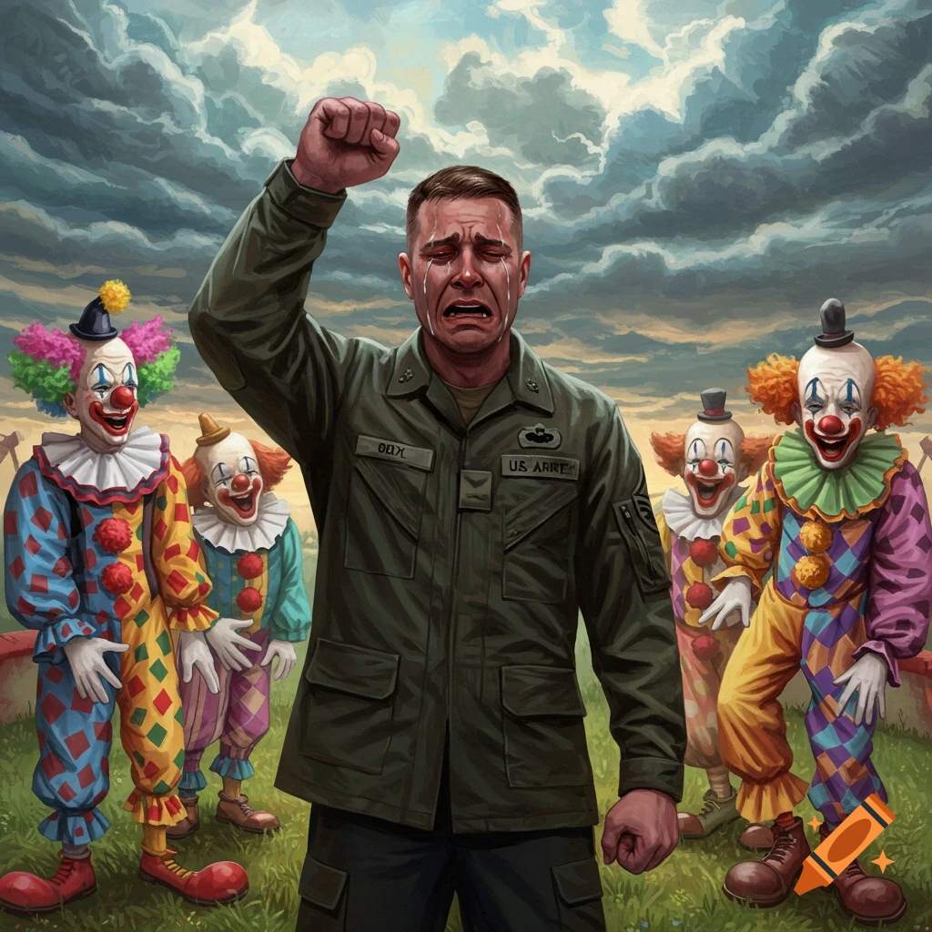 A crying man in military fatigues with a raised fist stands surrounded ...