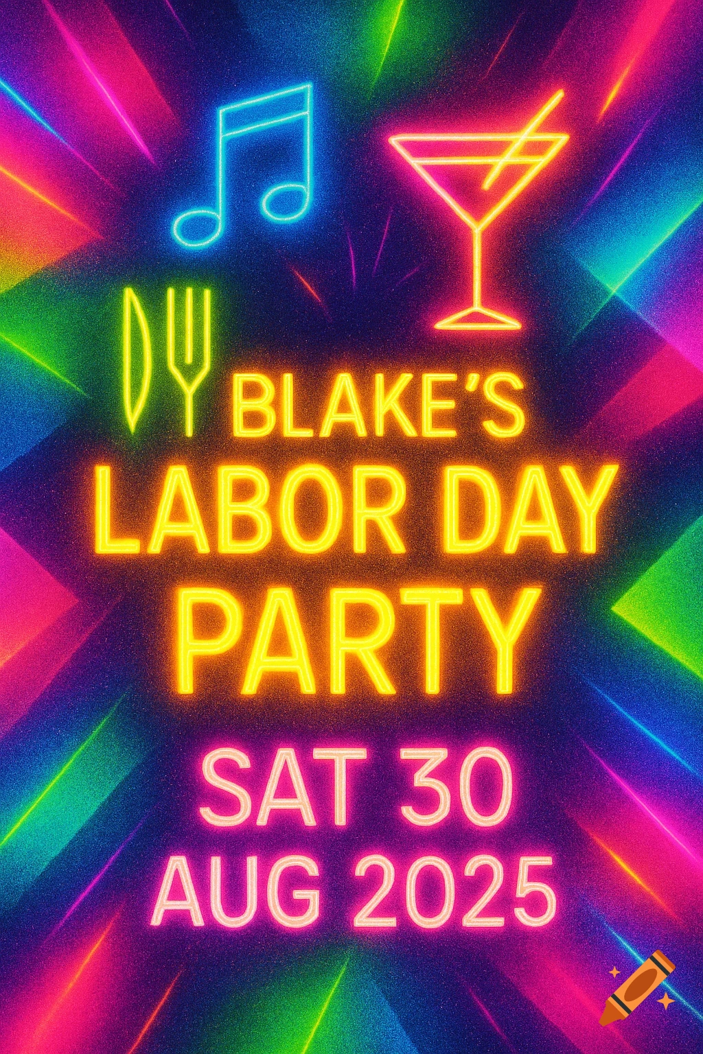 A vibrant neon poster for Blake's Labor Day Party on Sat, Aug 30, 2025 ...