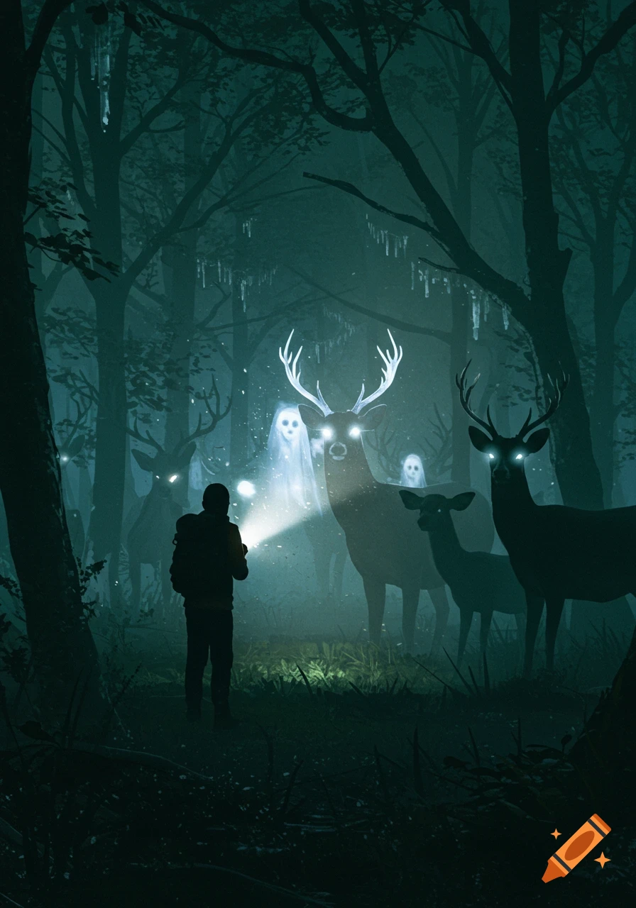 A lone person holding a flashlight stands in a dark, misty forest ...