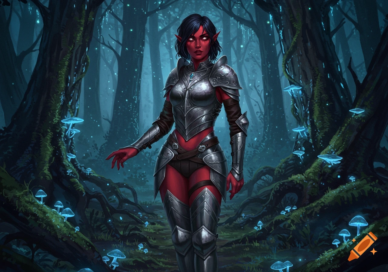 A red-skinned elf warrior in silver armor stands in a mystical, glowing forest. on Craiyon
