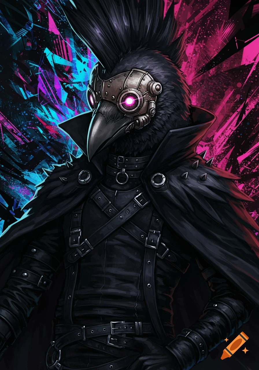 A humanoid crow character wearing a black punk/gothic outfit with a ...