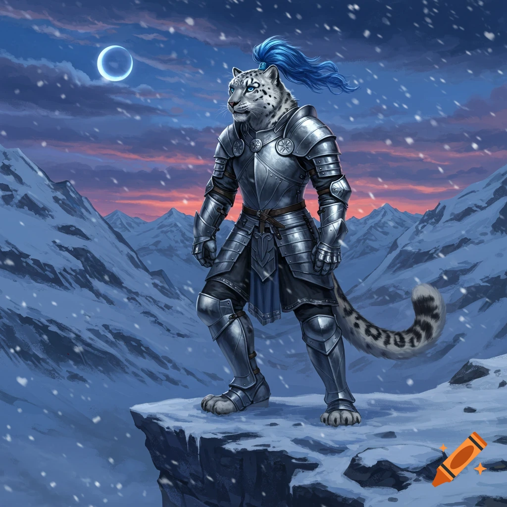 A white snow leopard with bright blue eyes and a long striped tail ...