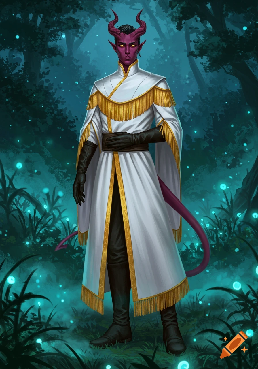 A purple-skinned tiefling warlock in a white robe with gold fringes and ...