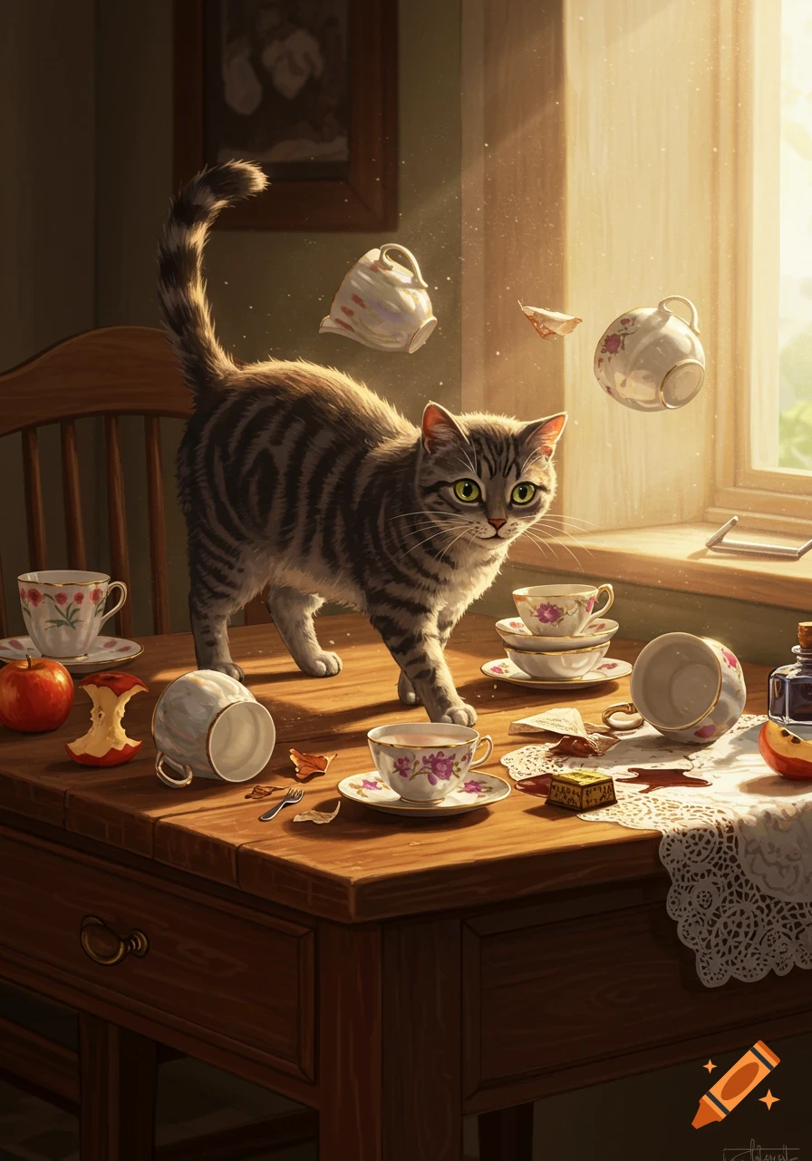 A cartoon chicken maid holds a duster and broom while another tired ...