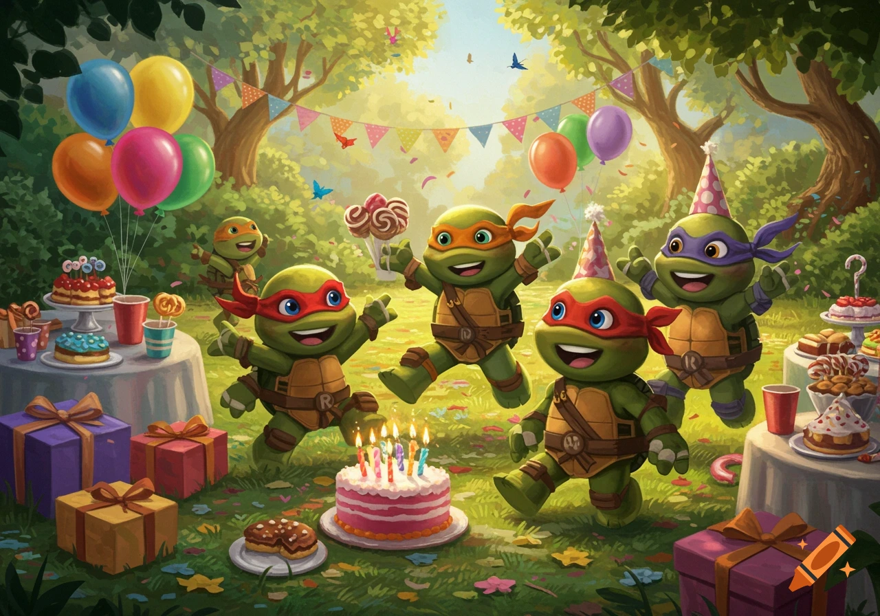 Cute cartoon Ninja Turtles celebrating a birthday party outdoors with ...