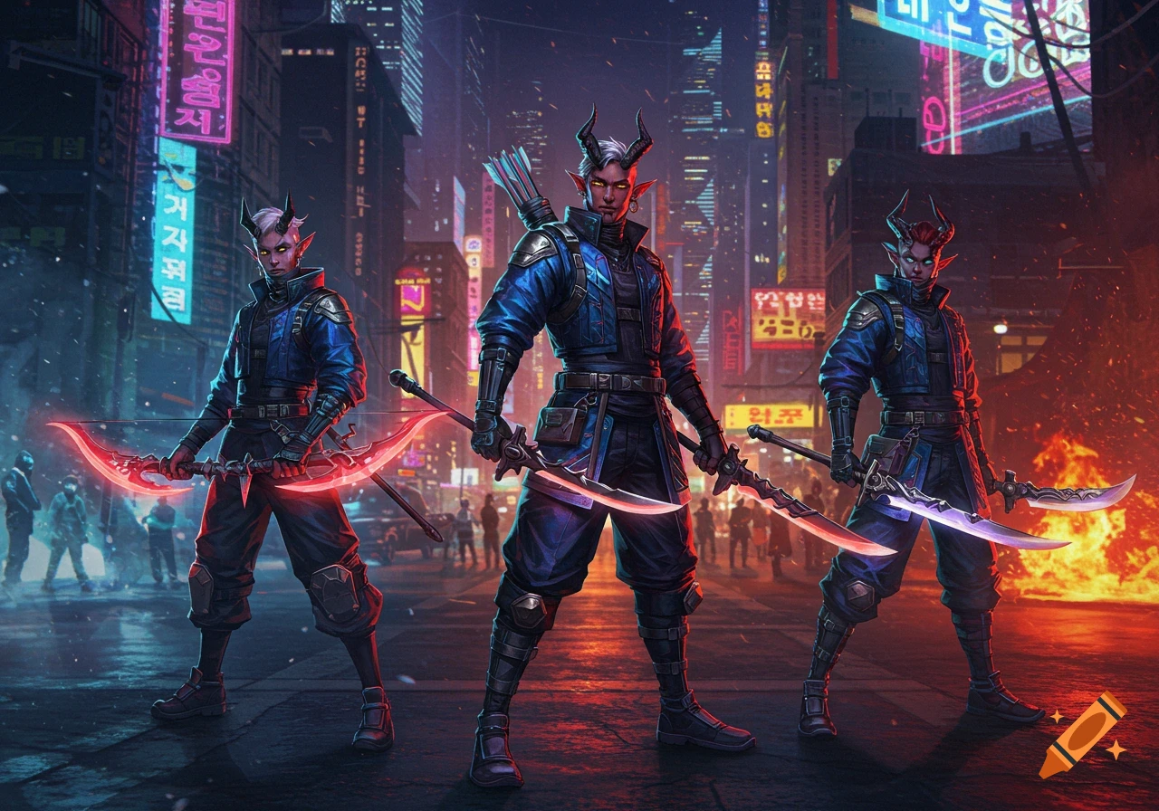 Five stylized male demon hunters with weapons, including a crossbow and ...