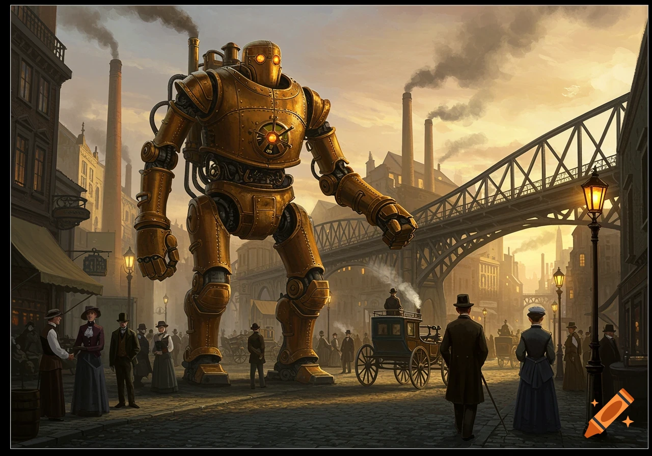 A charming brass steampunk robot with glowing eyes on a cobblestone ...