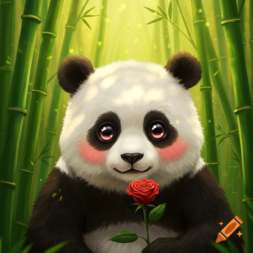 A cute, blushing cartoon panda with big pink eyes holds a single red ...