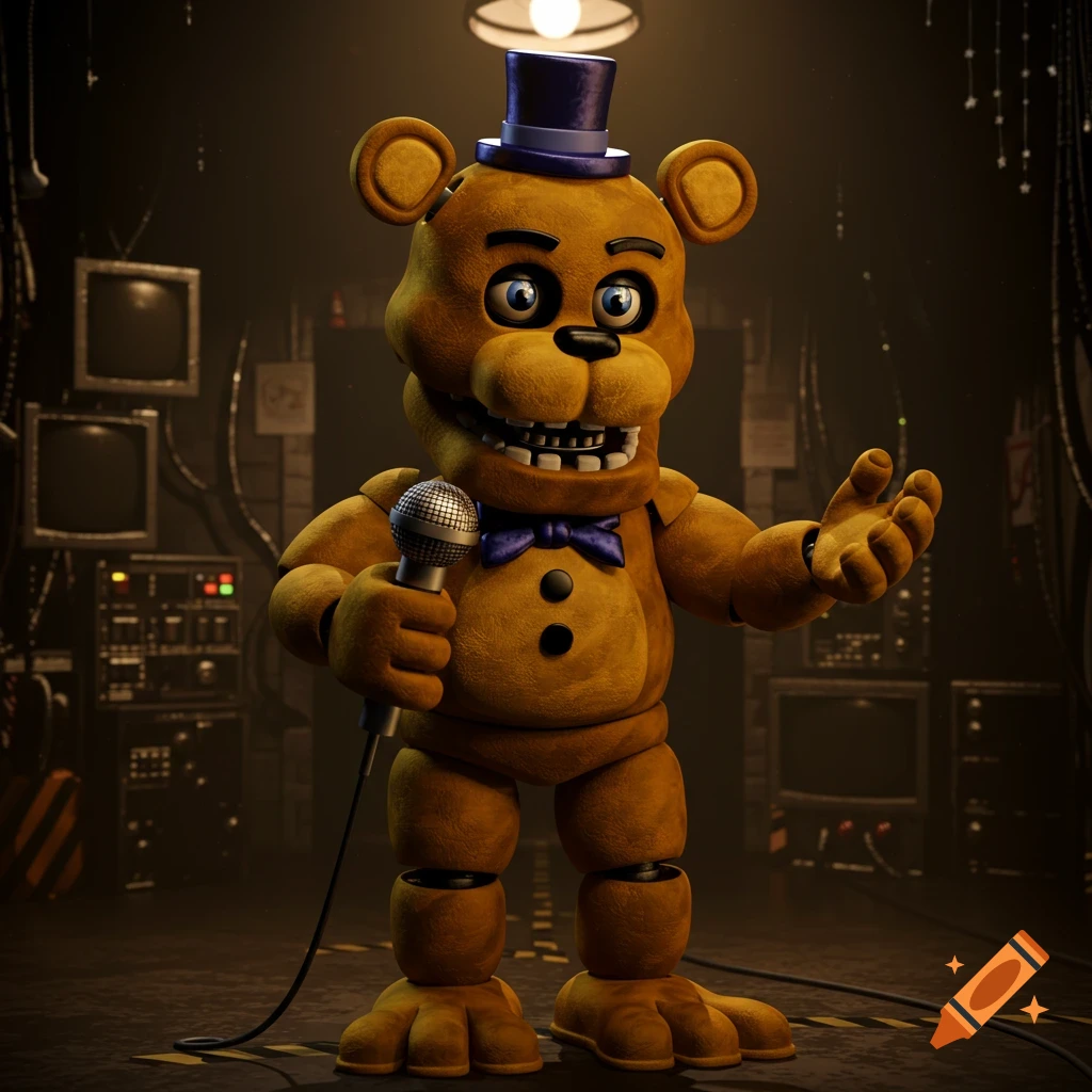 A realistic 3D render of Freddy Fazbear, a brown animatronic bear, in a ...