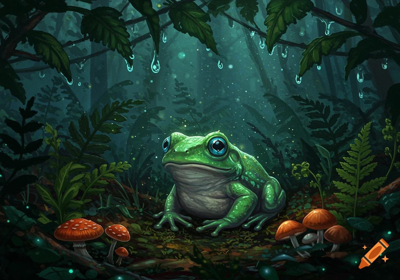 Five adorable green leaf-like creatures stand among large mushrooms in ...