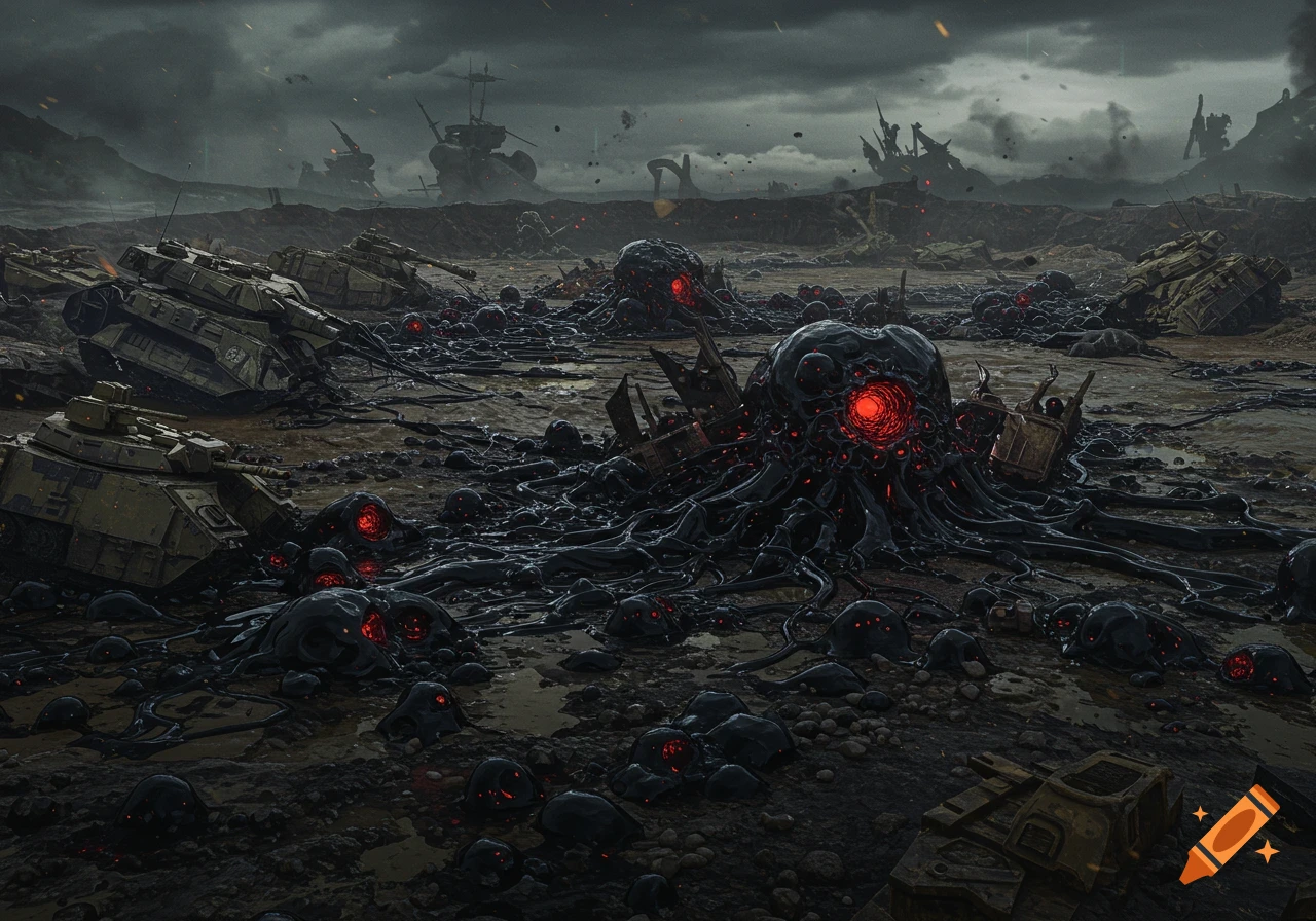 A giant turtle with a tank turret on its shell stomps through a war ...