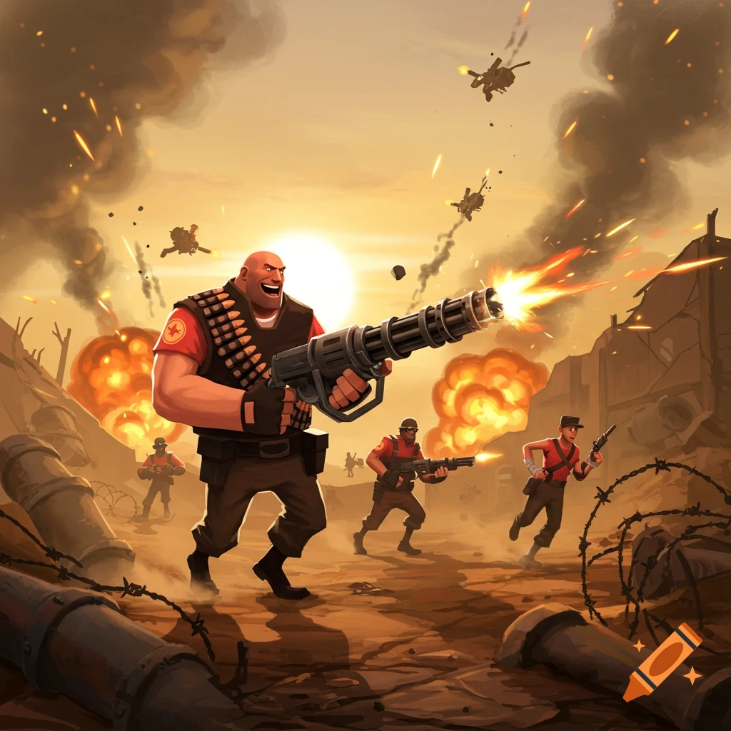A large, muscular Team Fortress 2 Heavy fires a minigun amidst ...