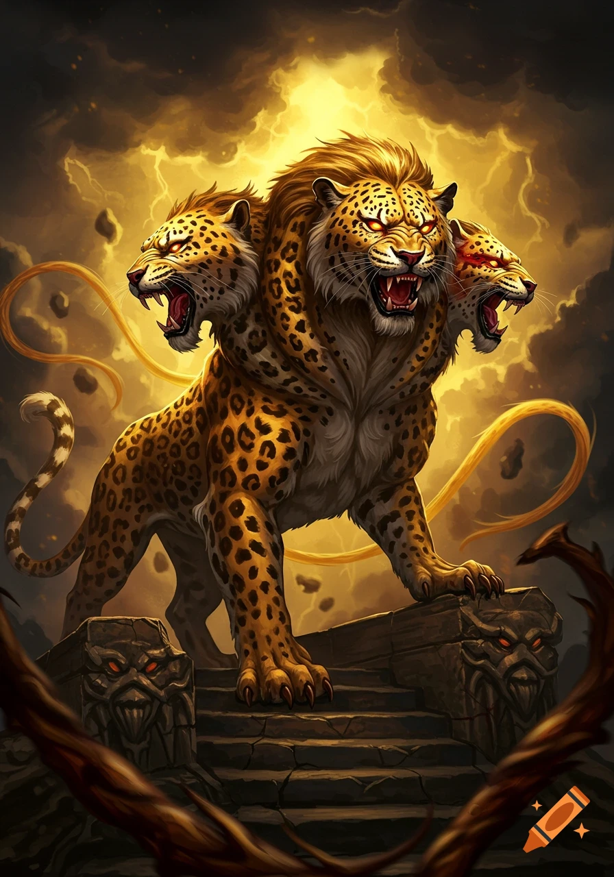 A majestic three-headed golden leopard-like beast with glowing red eyes ...